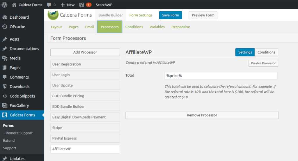 Setting up the AffiliateWP processor in a Caldera Form - WordPress Form ... Setting up the AffiliateWP processor in a Caldera Form - WordPress Form ...
